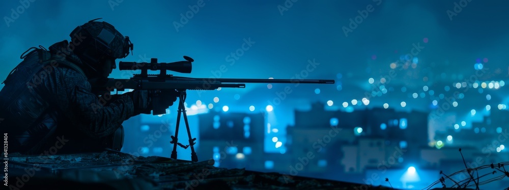 Thrill, city skyline, war conflict sniper shooter holding sniper or ...