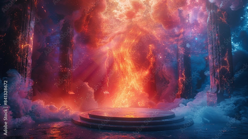 Round stage with colorful flames, Fantasy, Bright hues, Digital art ...