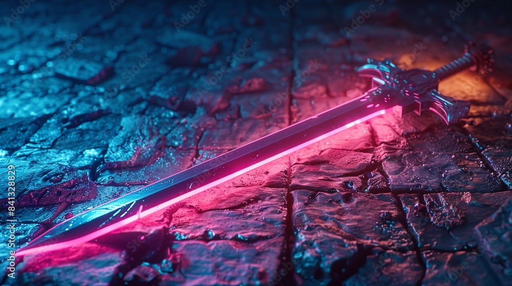 Neon glowing sword on textured ground, Cyberpunk, Neon pink and blue ...