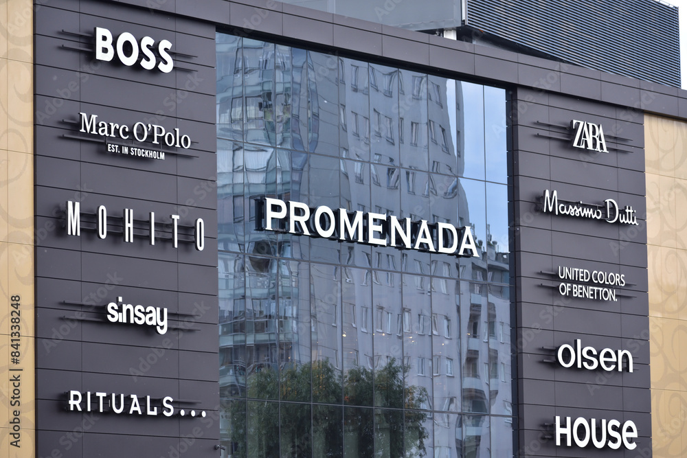 Atrium Promenada shopping mall facade with signage, logo. WARSAW ...