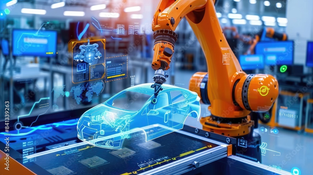 Automated Robot Arm Assembly Line Manufacturing High-Tech Green Energy ...