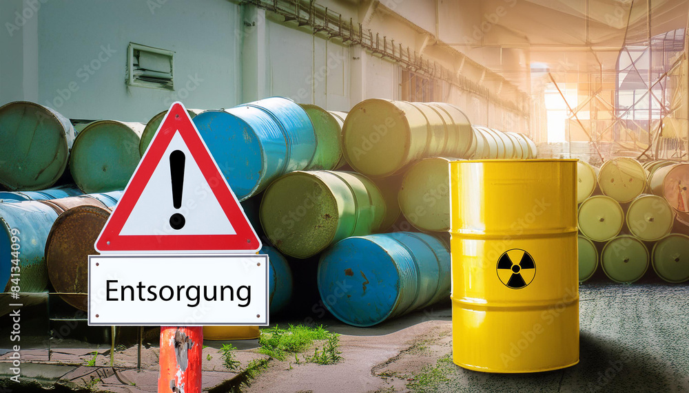 Attention toxic waste disposal warning sign with radioactive barrels in ...