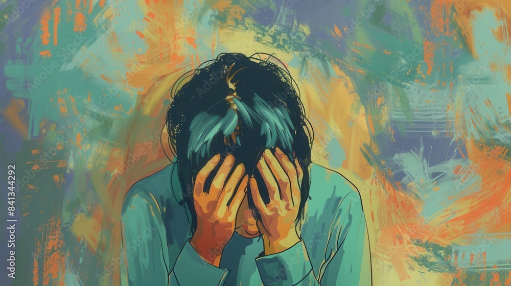 Depression portrait flat design top view mental health cartoon drawing ...