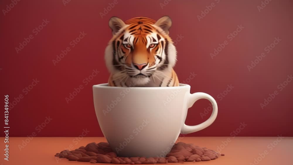 A majestic tiger peeks out from a white teacup against a red background ...