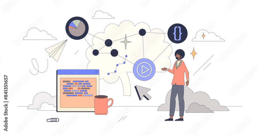 Digital learning tools and programming tiny person neubrutalism concept ...