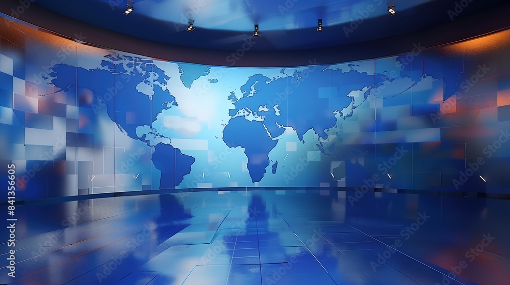 Futuristic News Studio with World Map Backdrop in Blue - Ideal for Zoom ...