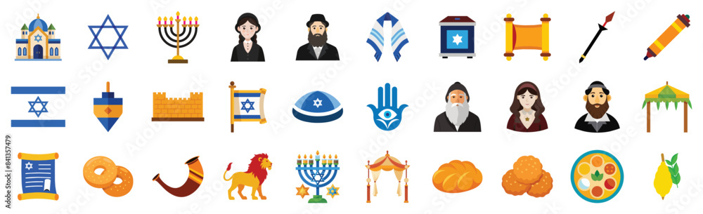 Jewish Icons set, vector flat cartoon illustration. Religion symbols ...