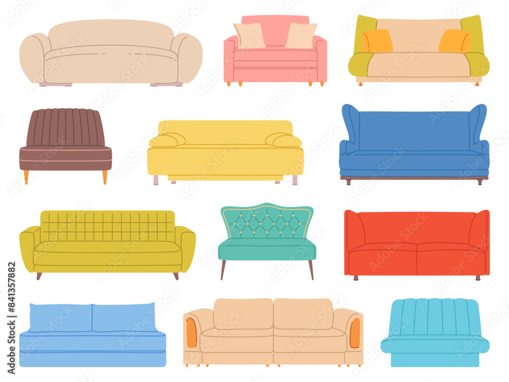 Cartoon couches and sofas. Home interior soft comfort furniture with pillows, cozy living room ...
