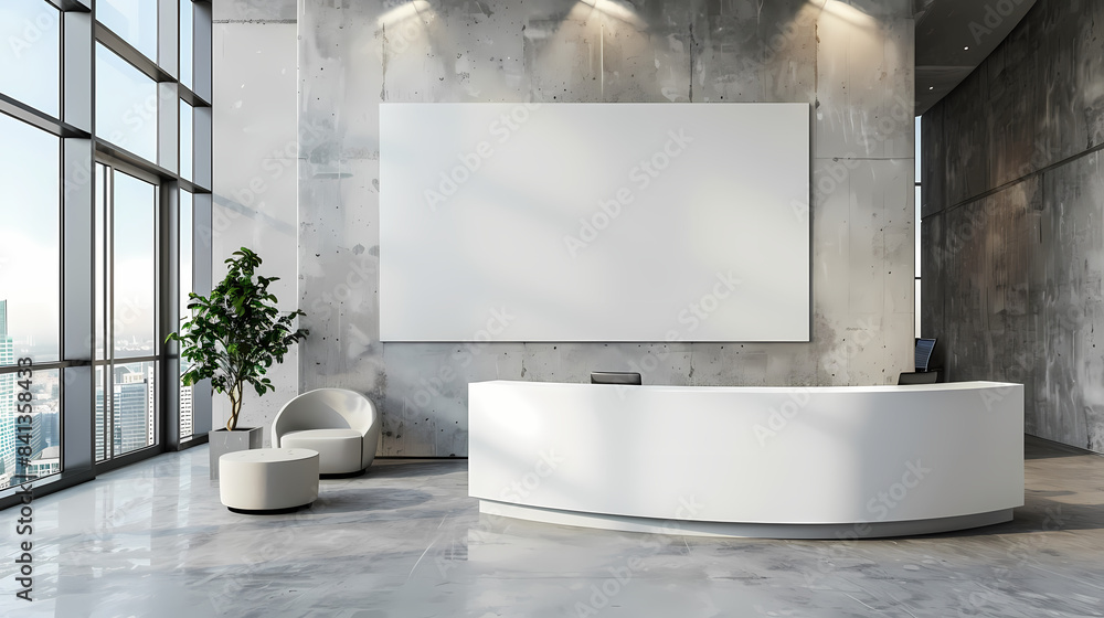 Modern office lobby with blank mock up banner on wall, white reception ...