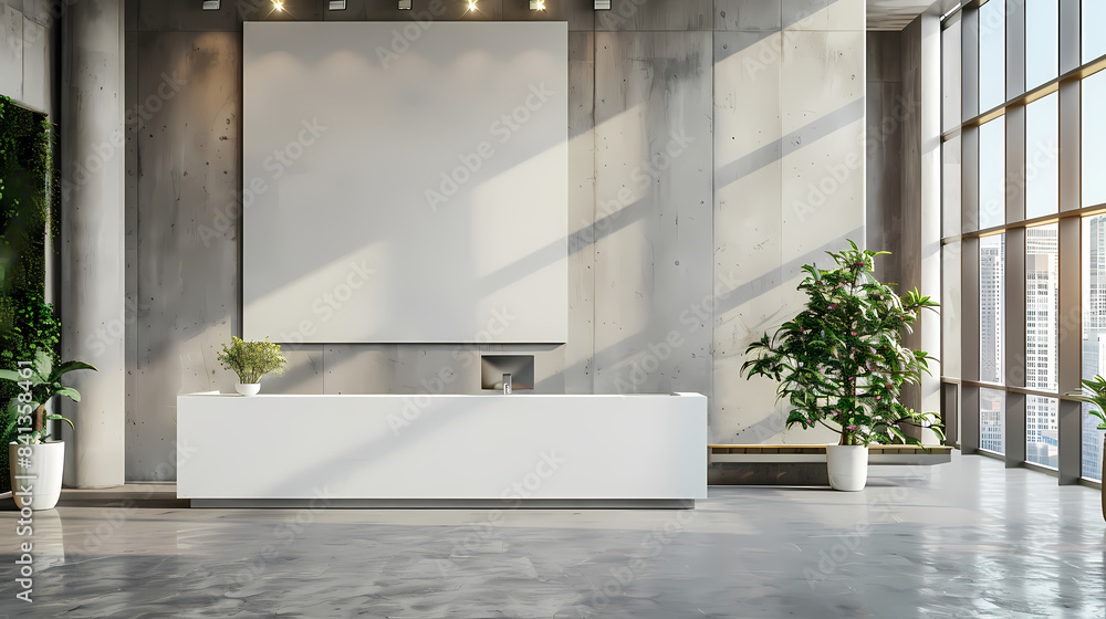 Modern office lobby with blank mock up banner on wall, white reception ...