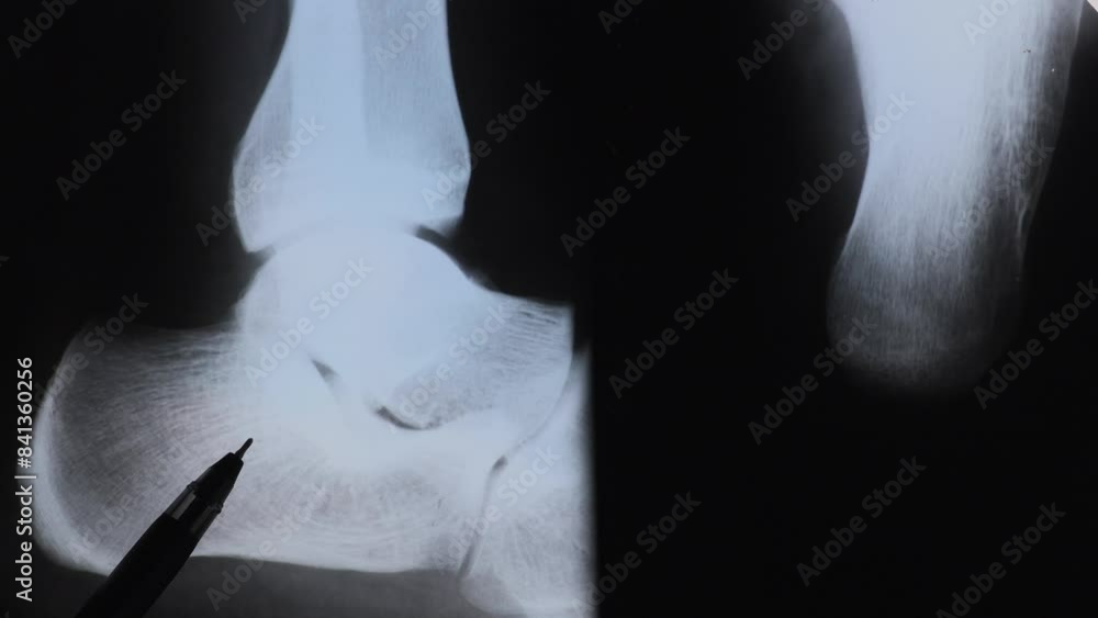 Doctor examining X-ray scan of Calcaneus or heel bone destruction. Bone ...