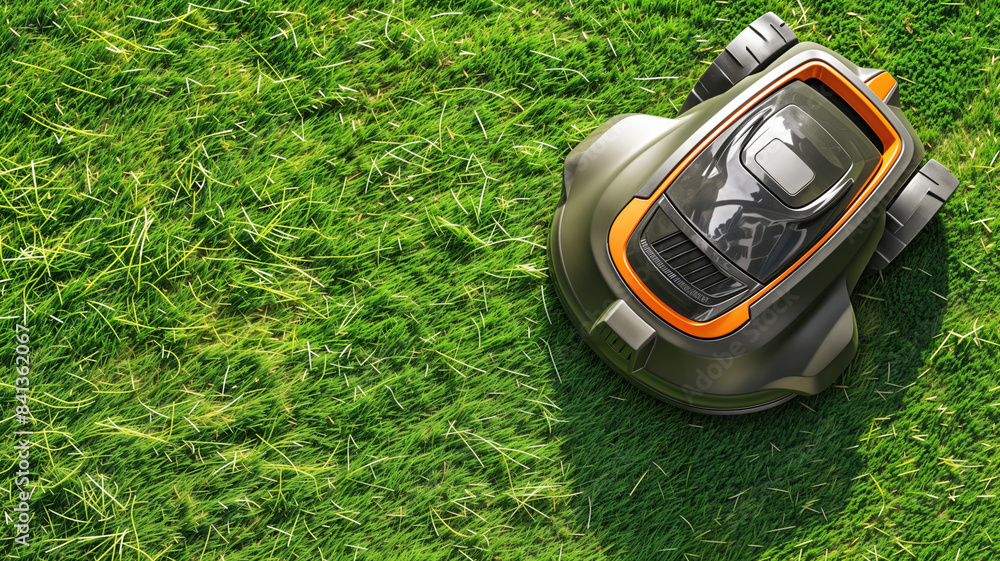 Robot lawn mower on green grass garden, top view with copyspace, modern ...