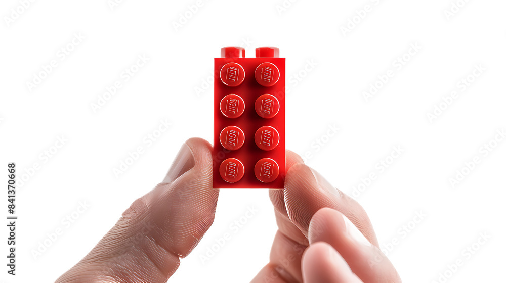 Hand hloding a Lego pieceon, on isolated white transparent background ...