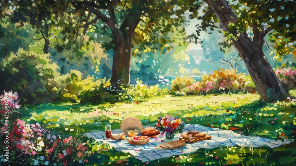 Idyllic picnic scene under shaded trees with blanket and food ...