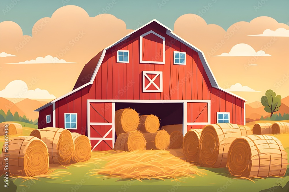 Cartoon Barn Design Concept including Hay Piles and Straw Bales. A ...