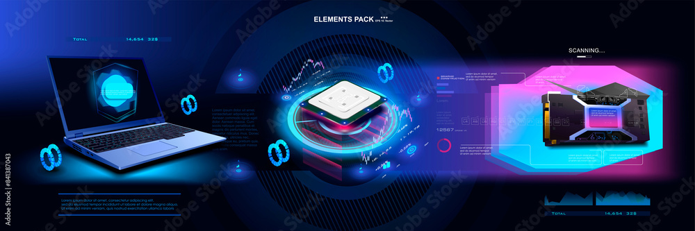 Cyber banner with powerful processor, video card and laptop. Concept ...