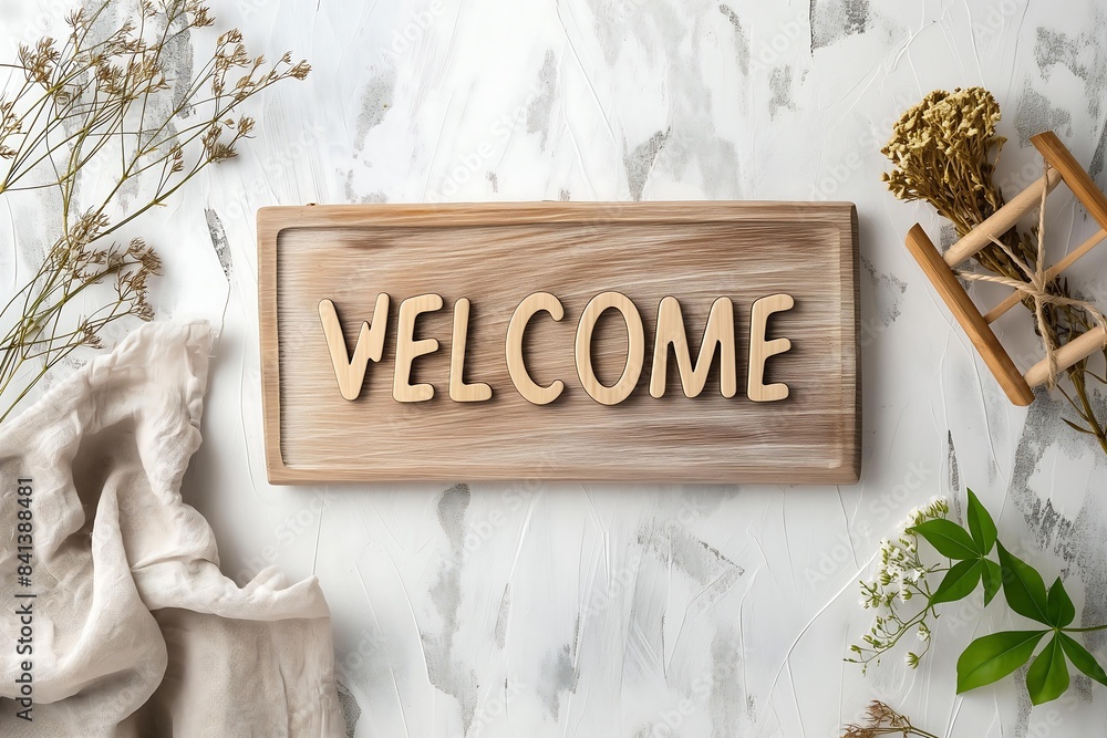 Elegant Welcome Sign with Floral Decor on Rustic White Background Stock ...