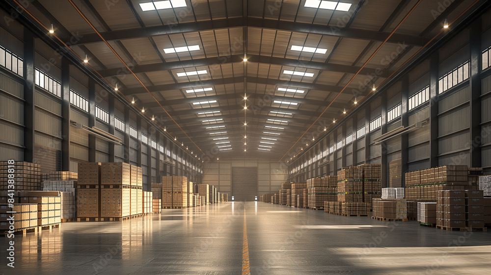 An expansive interior view of a well-organized distribution warehouse ...