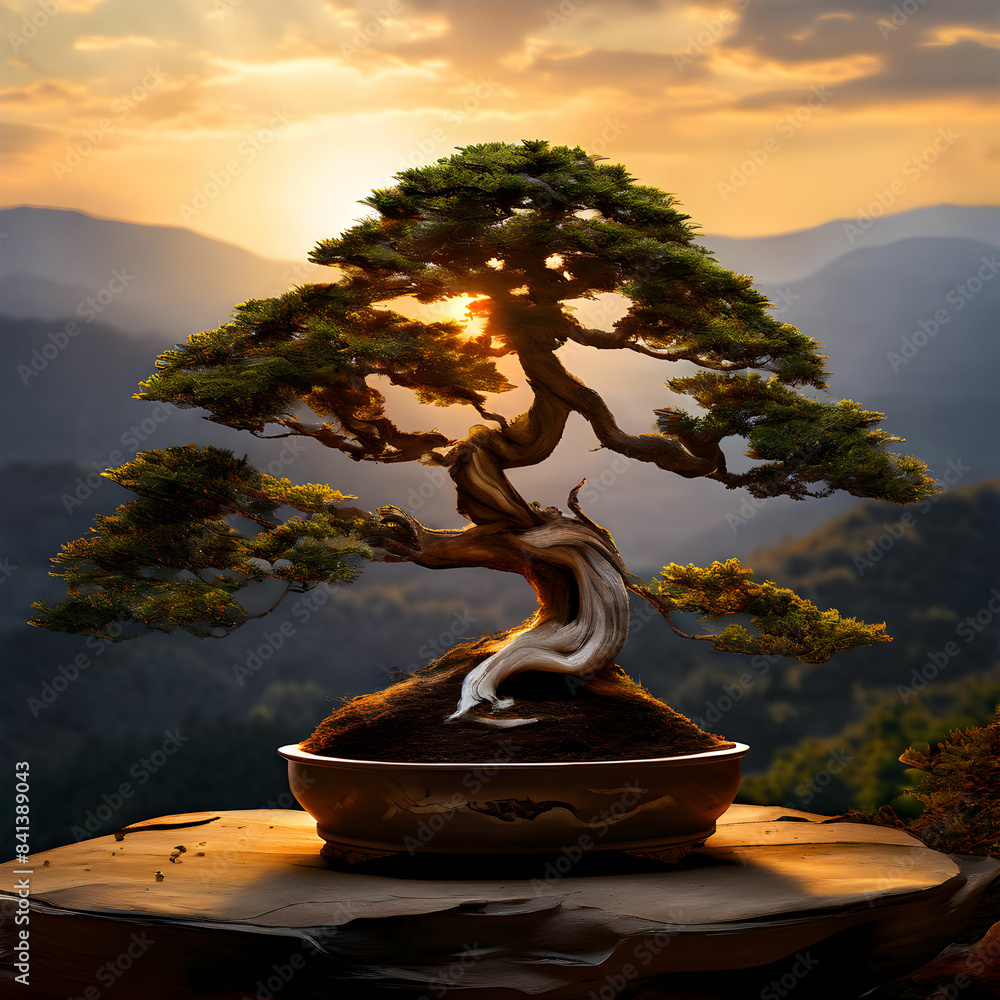 Large scale informal upright Juniper bonsai with a mountain background ...
