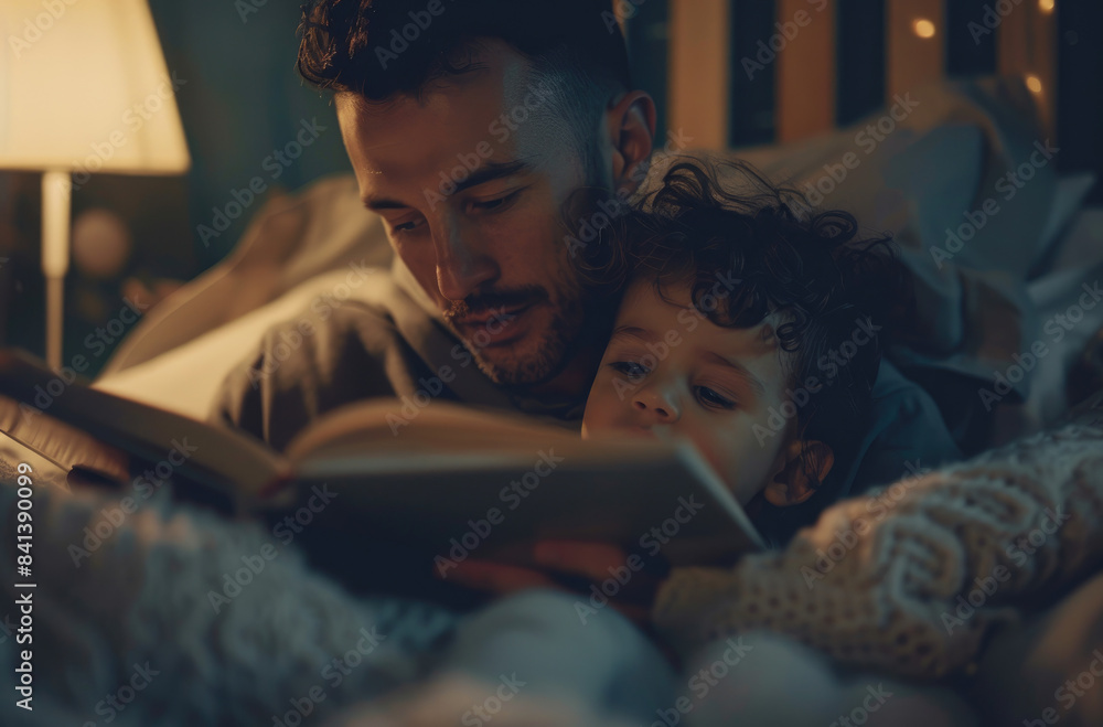 A father reading to his child in bed, closeup on the book and their ...