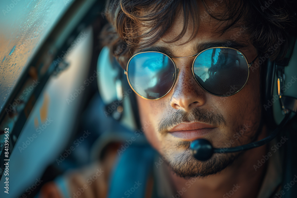A pilot in a small plane, wearing aviator sunglasses and a headset ...