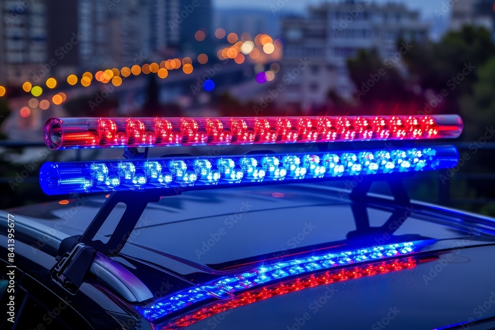 Police car emergency lights in blue and red against city night sky with ...