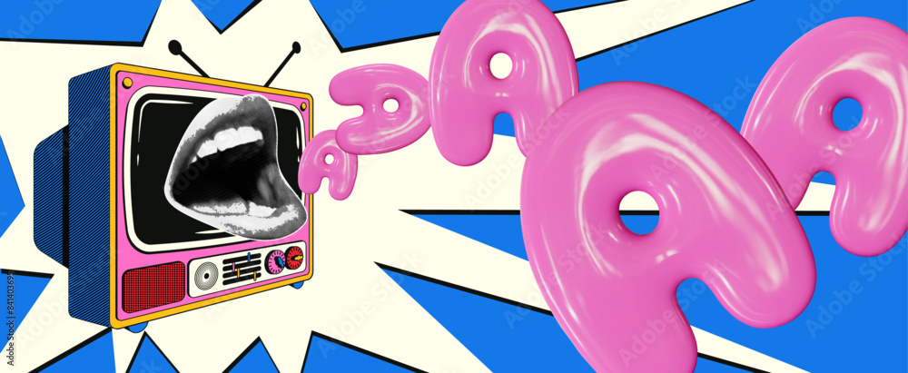 Horizontal banner in retro collage style. From a vintage TV, women's ...