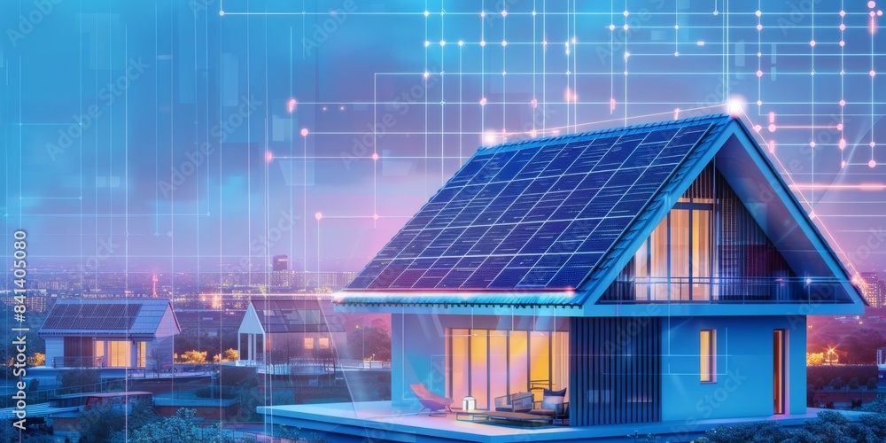 Futuristic Home with Solar Panel Roof System: Renewable Energy Concept ...