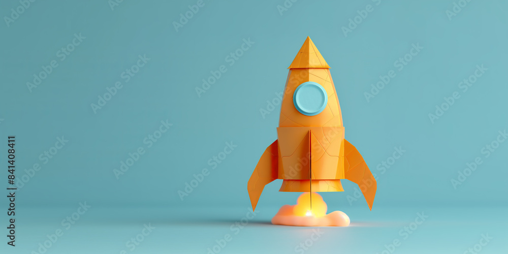 Orange rocket taking off against a blue background, symbolizing a ...
