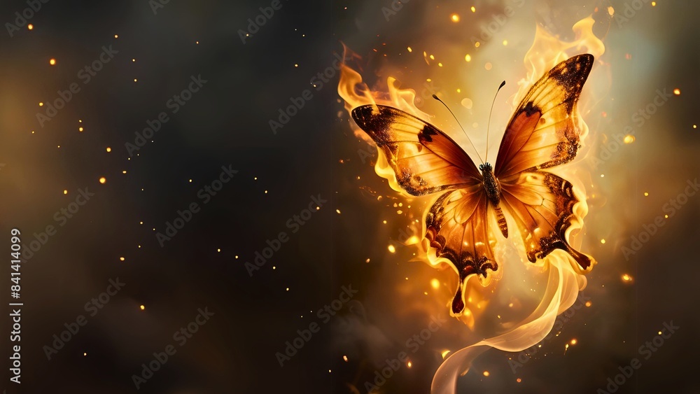 Butterfly flying with wings burning fire isolated on gold sparking ...