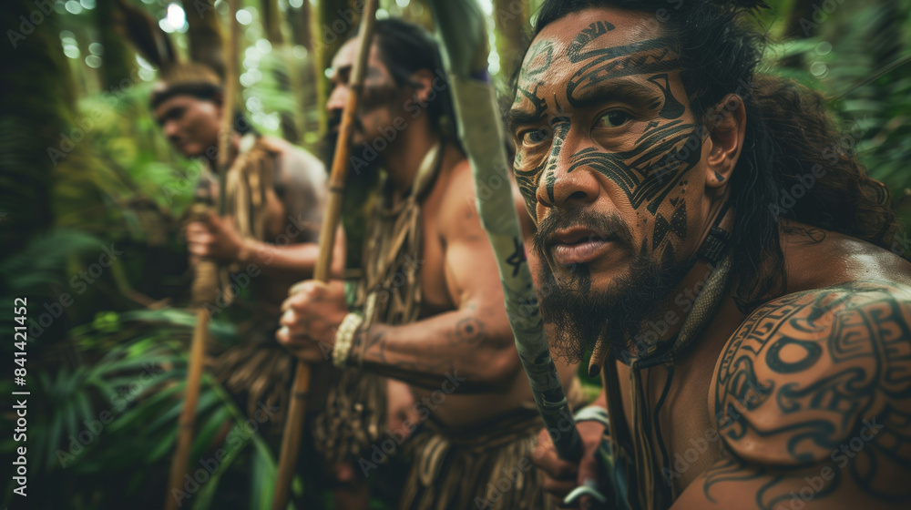 Members of the Maori Tribe are hunting in the dense forest, wearing ...