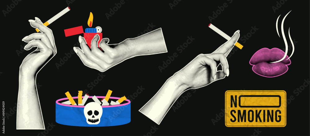 Smoking retro collage concept. A hand holds a cigarette with a halftone ...