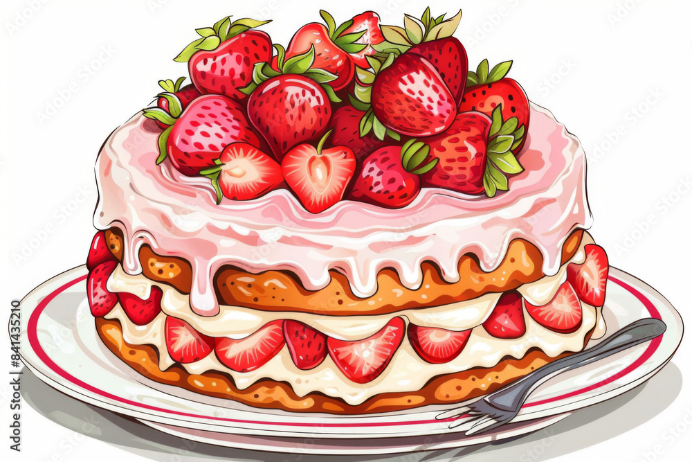Cake with strawberries cartoon illustration, beautiful place on plate ...