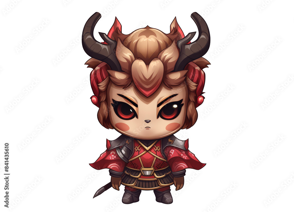 ภาพประกอบสต็อก Unique chibi illustration of a deer as a samurai warrior ...