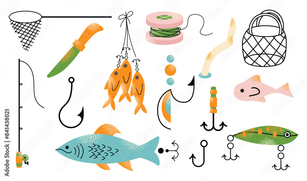 Doodle fishing lure set. Fishery baits of different sizes and shapes ...