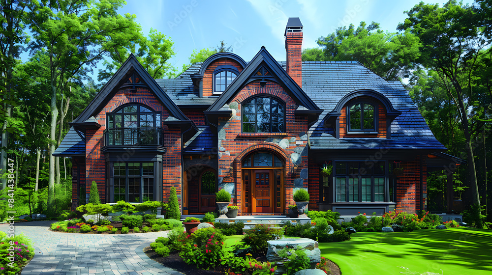 A Tudor-style house combining brick façades with timber framing and ...