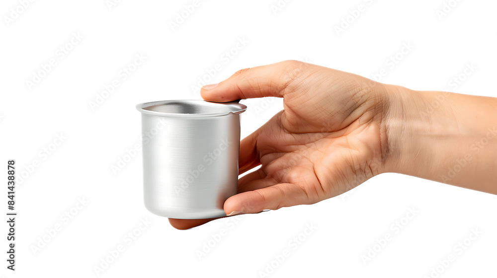 Hand hloding a measuring cupon, on isolated white transparent ...