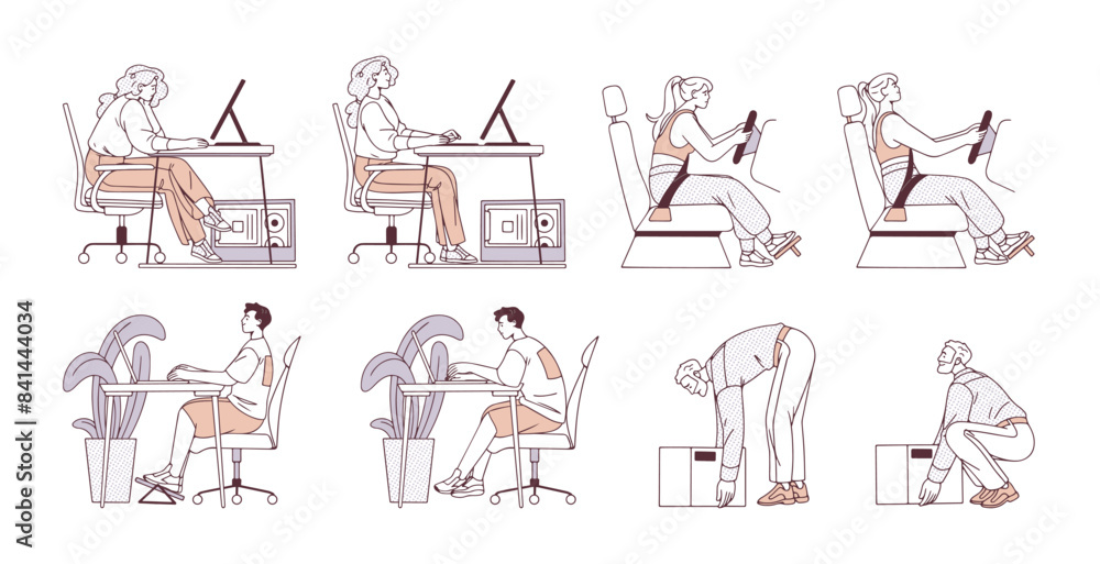 Correct and incorrect postures side view set. Right and wrong positions ...