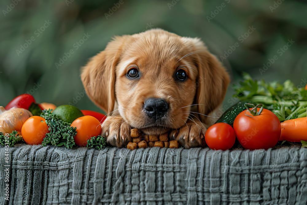 happy labrador puppy eating dog minced food out of brown bawl, looking ...