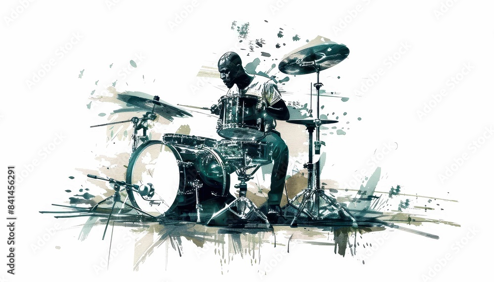 Dynamic watercolor illustration of a drummer playing a drum set ...