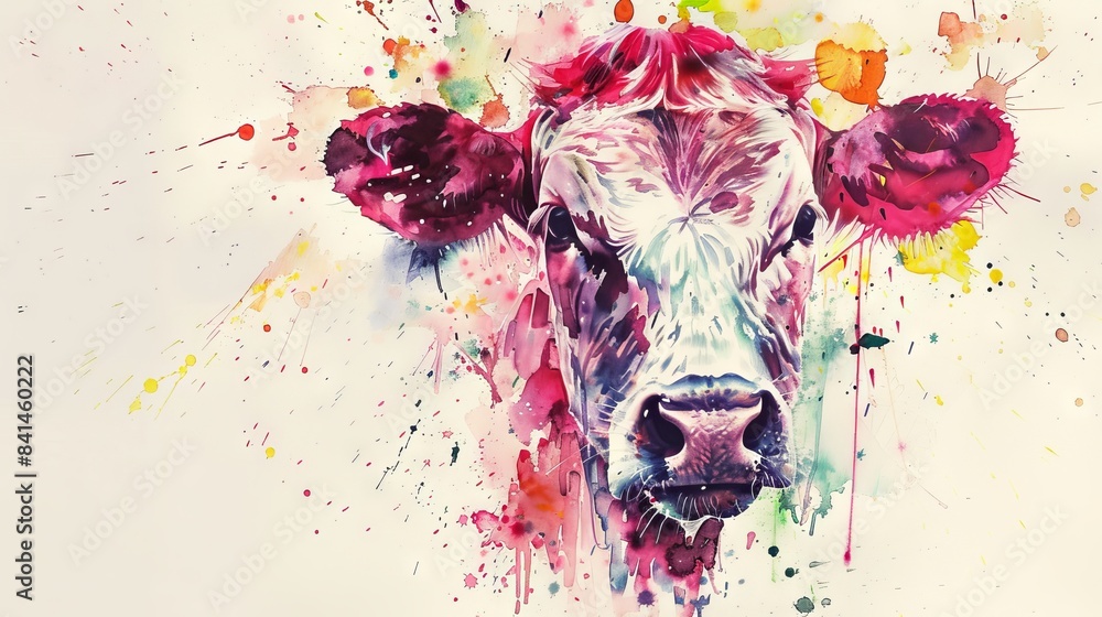Watercolor painting of a cow with colorful splashes. Concept of farm ...