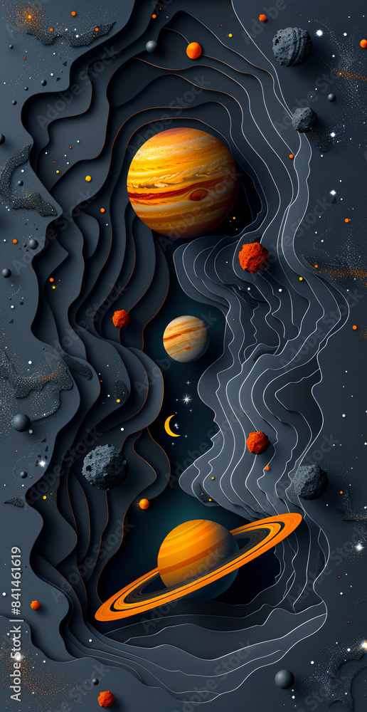 A dark gray background with the planets of our solar system rendered in ...