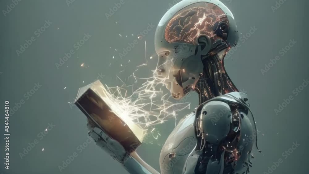 AI, Machine learning, beautiful woman robot cyborg humanoid digital technology on brain concept ...