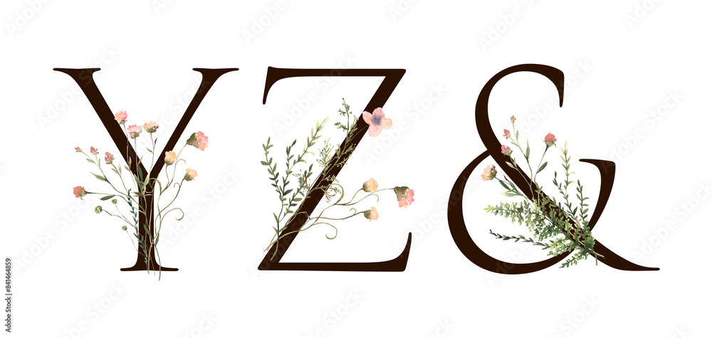 Black Alphabet letters collection Y, Z, & with watercolor wildflowers ...