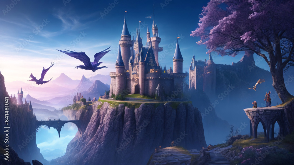 A gothic fairy tale castle with tall towers dominates a European forest ...