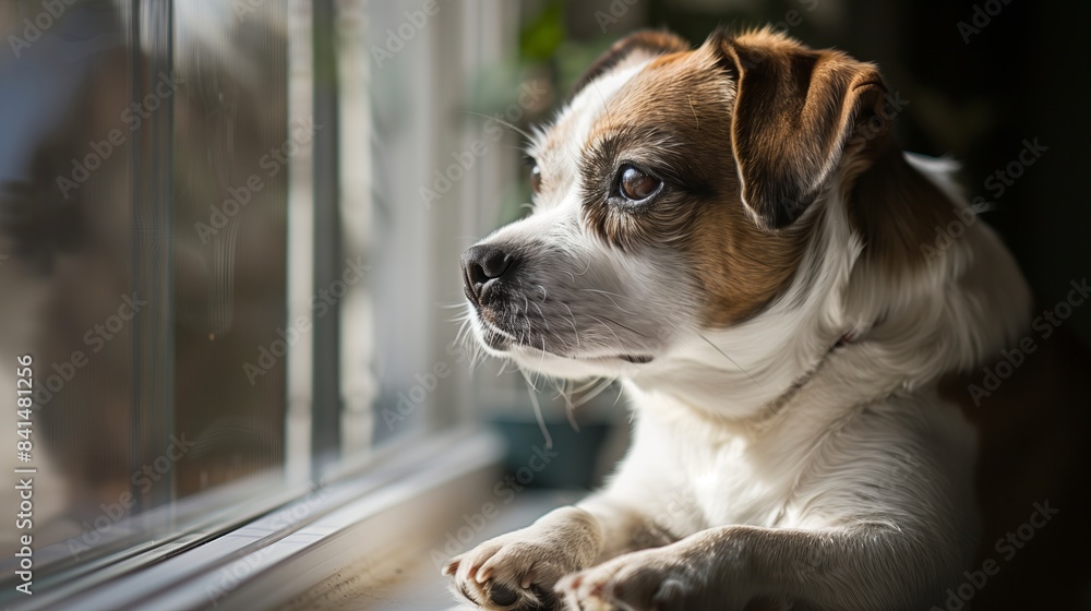 Sad small breed dog looking out the window. Copy space. Concept of ...