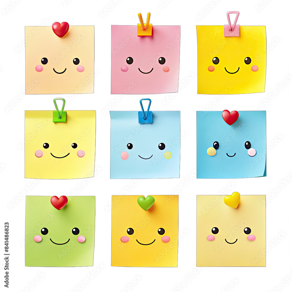 Nine cute cartoon sticky notes with happy faces and colorful paperclips ...
