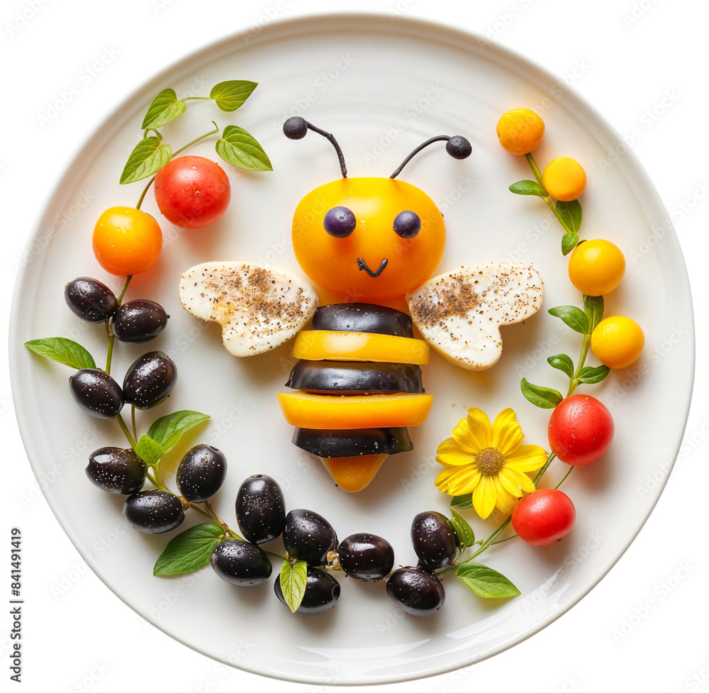 Plate with a cute flying bee made of yellow bellpepper and eggplant ...