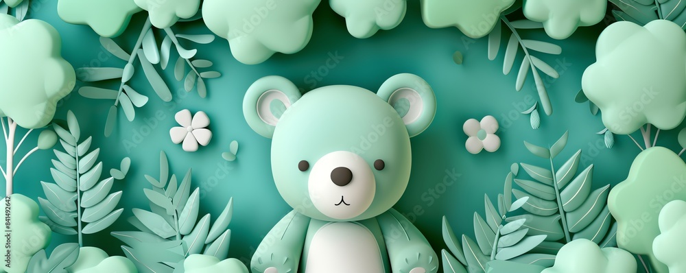 Cute bear character flat design top view theme forest 3D render ...