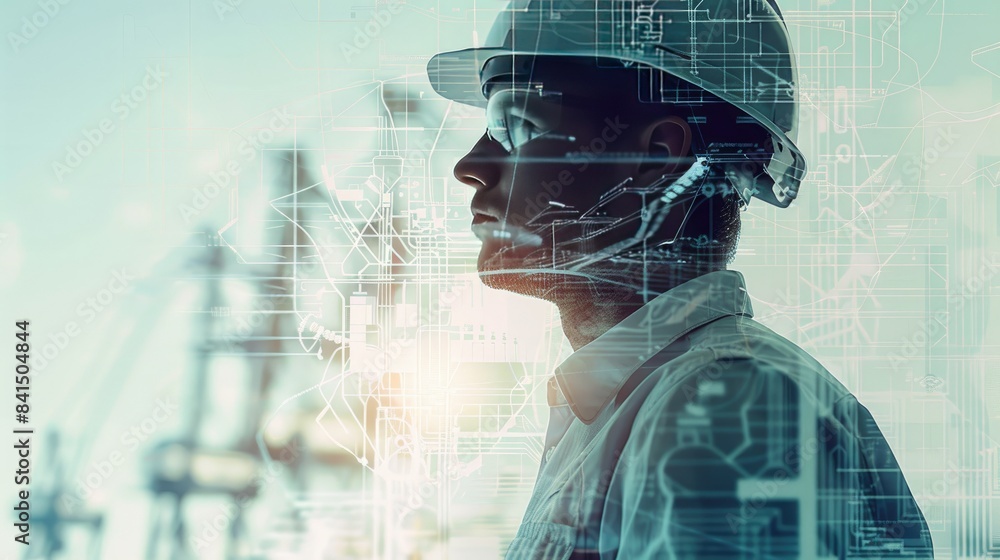 Male construction engineer's side profile with superimposed architectural blueprints, showcasing ...